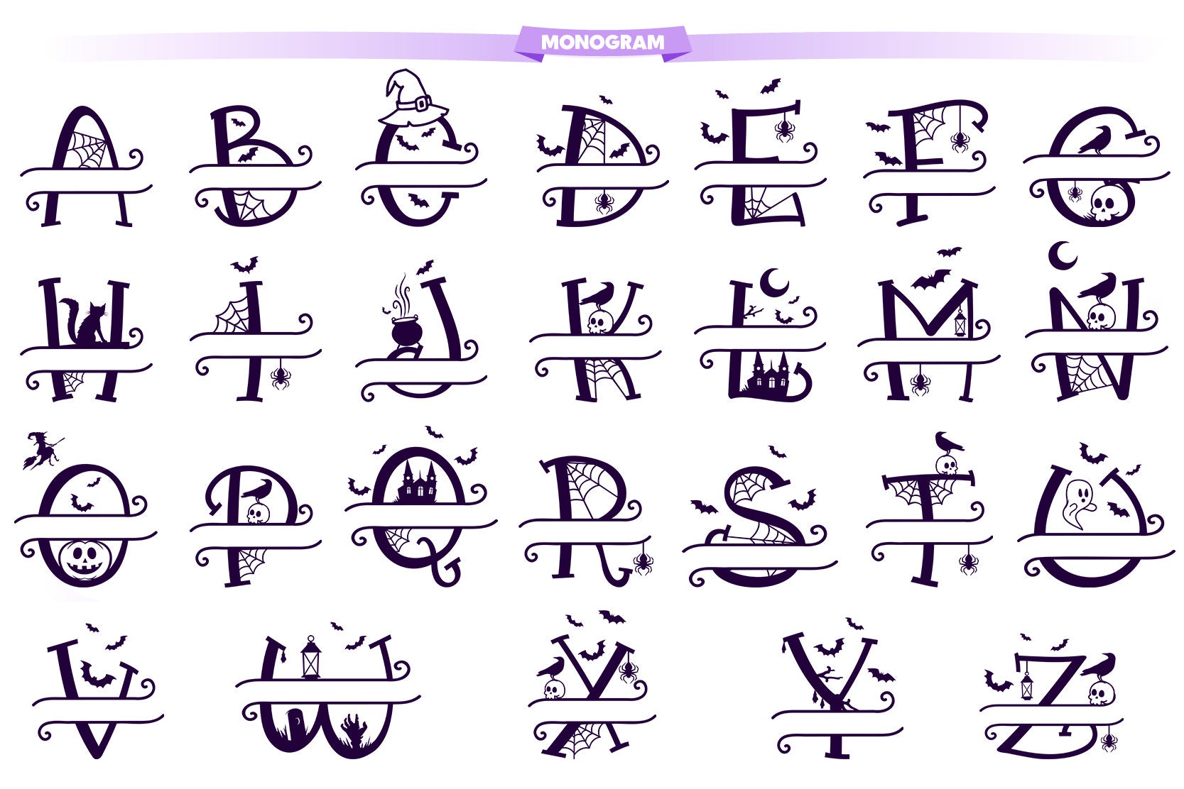 Halloween Monogram SVG Alphabet, Halloween Split Monogram Name SVG ...