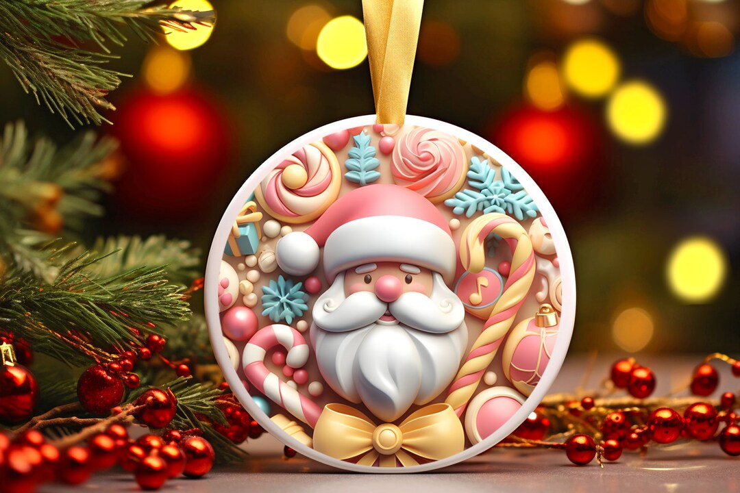 3D Round Santa Ornament PNG, 3D Pink Santa Sublimation, Christmas Round ...