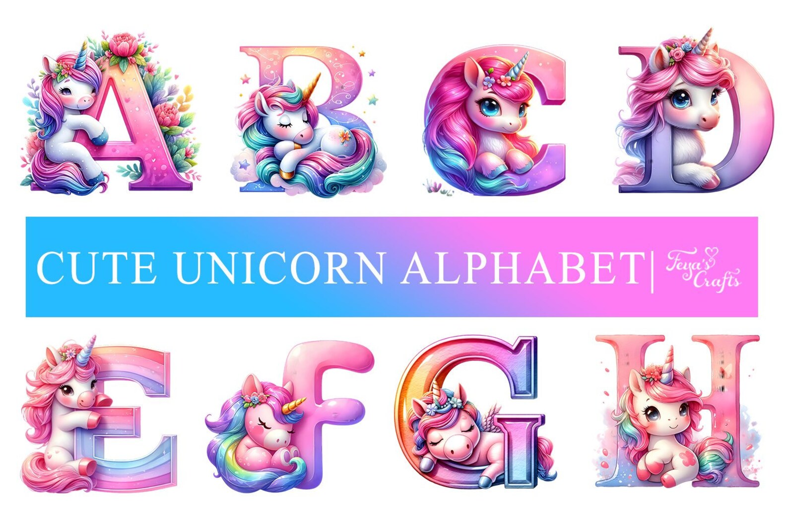 Cute Unicorn PNG Alphabet, Unicorn Alphabet Clipart, Unicorn Monogram ...