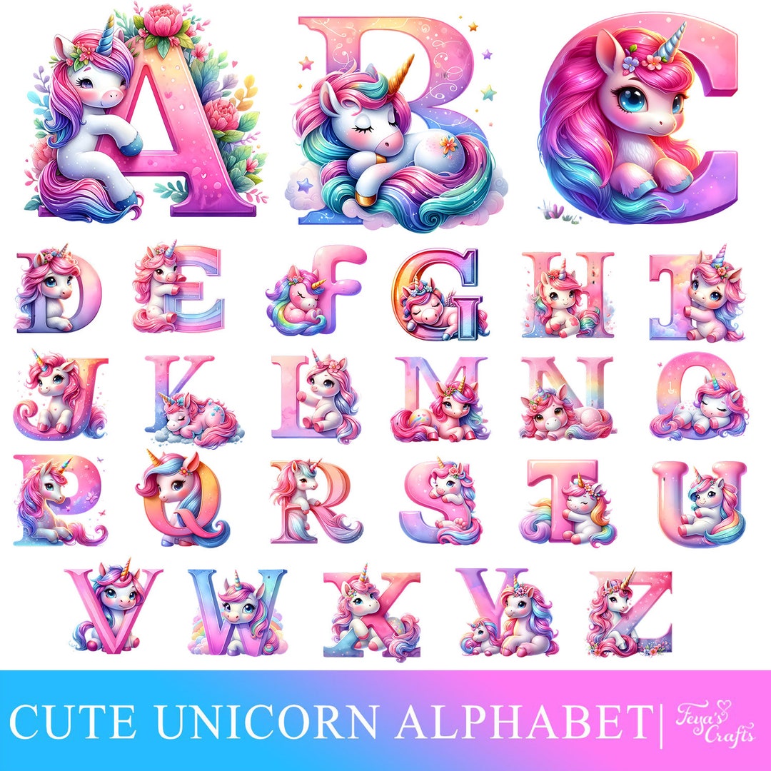 Cute Unicorn PNG Alphabet, Unicorn Alphabet Clipart, Unicorn Monogram ...