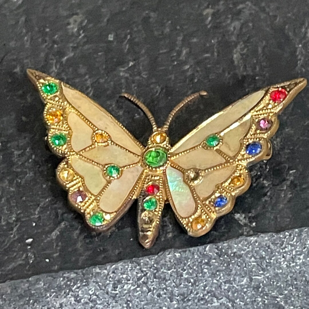 Antique Butterfly Brooch Inlaid With Mother of Pearl and Rhinestones ...