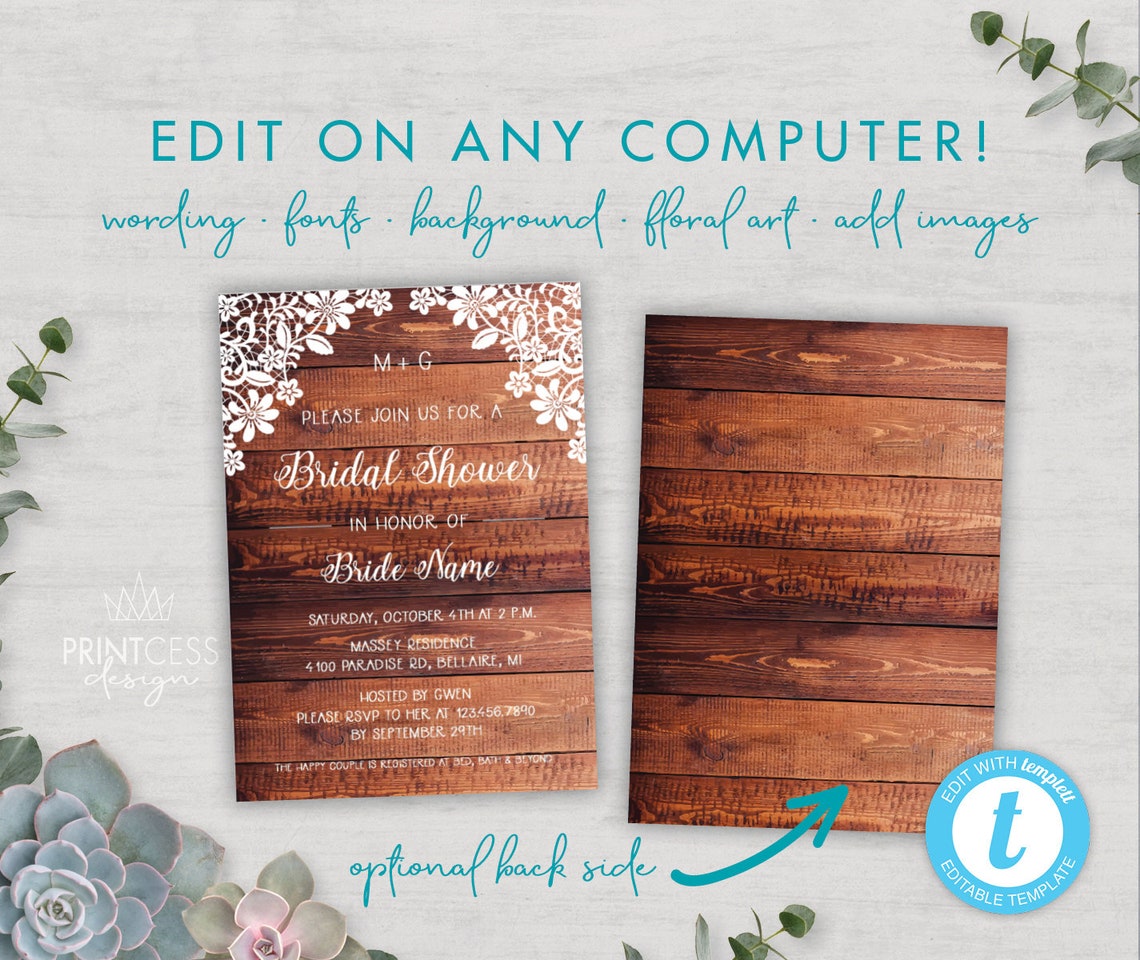 Rustic Wedding Printable Bridal Shower Invitation FULLY | Etsy