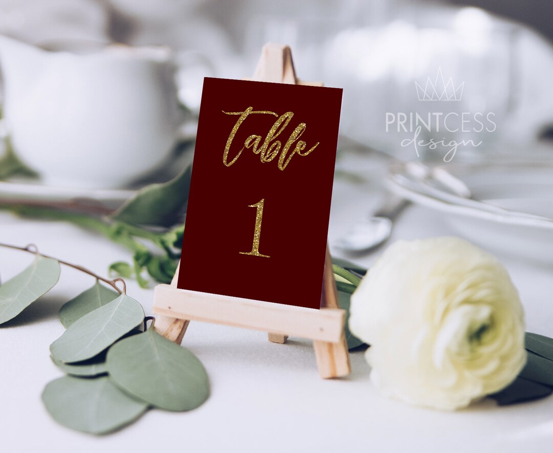 Gold Glitter Burgundy Wedding Table Numbers Printable 4x6 Size 1-30 ...
