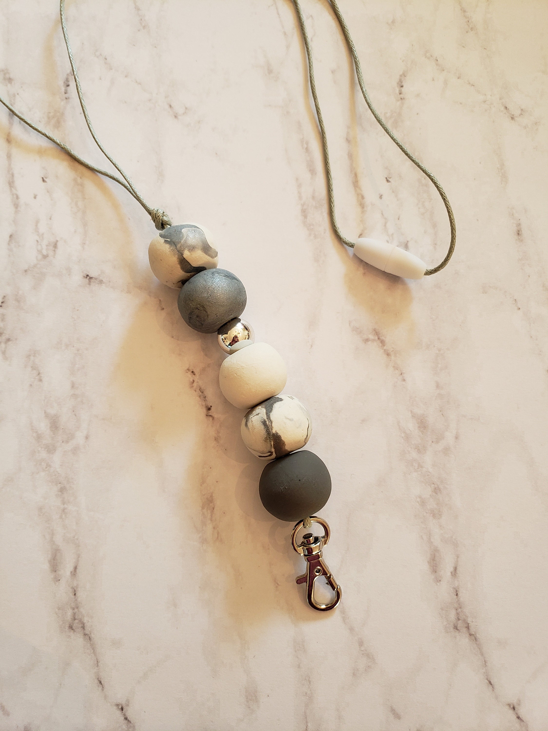 Gray and white Marble Polymer Clay Beaded Lanyard Key chain | Etsy