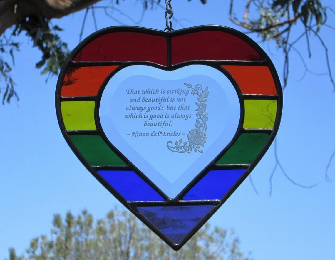 Rainbow Heart Stained Glassbeveled Glass Engraved Poem Suncatcher Panel ...