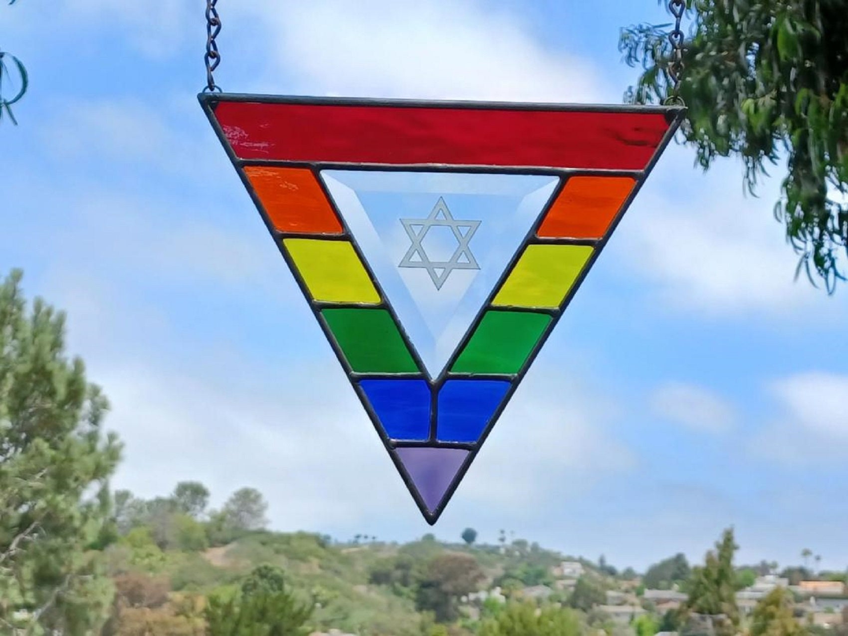 LGBT Pride Rainbow Triangle With Engraved Star of David Stained Glass ...
