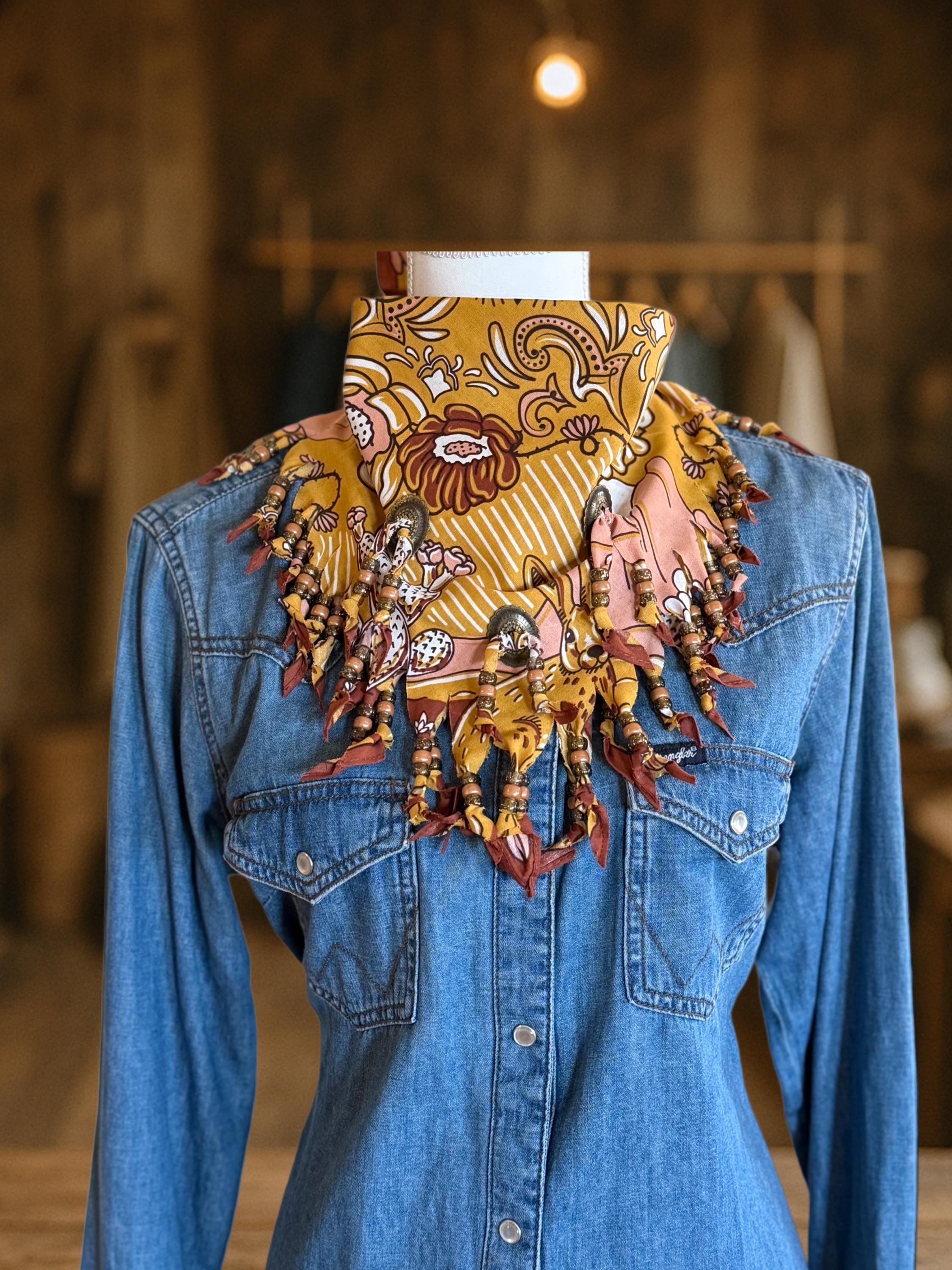Vintage Style Beaded Western Bandana Fringe Scarf With Cowboy Conchos ...