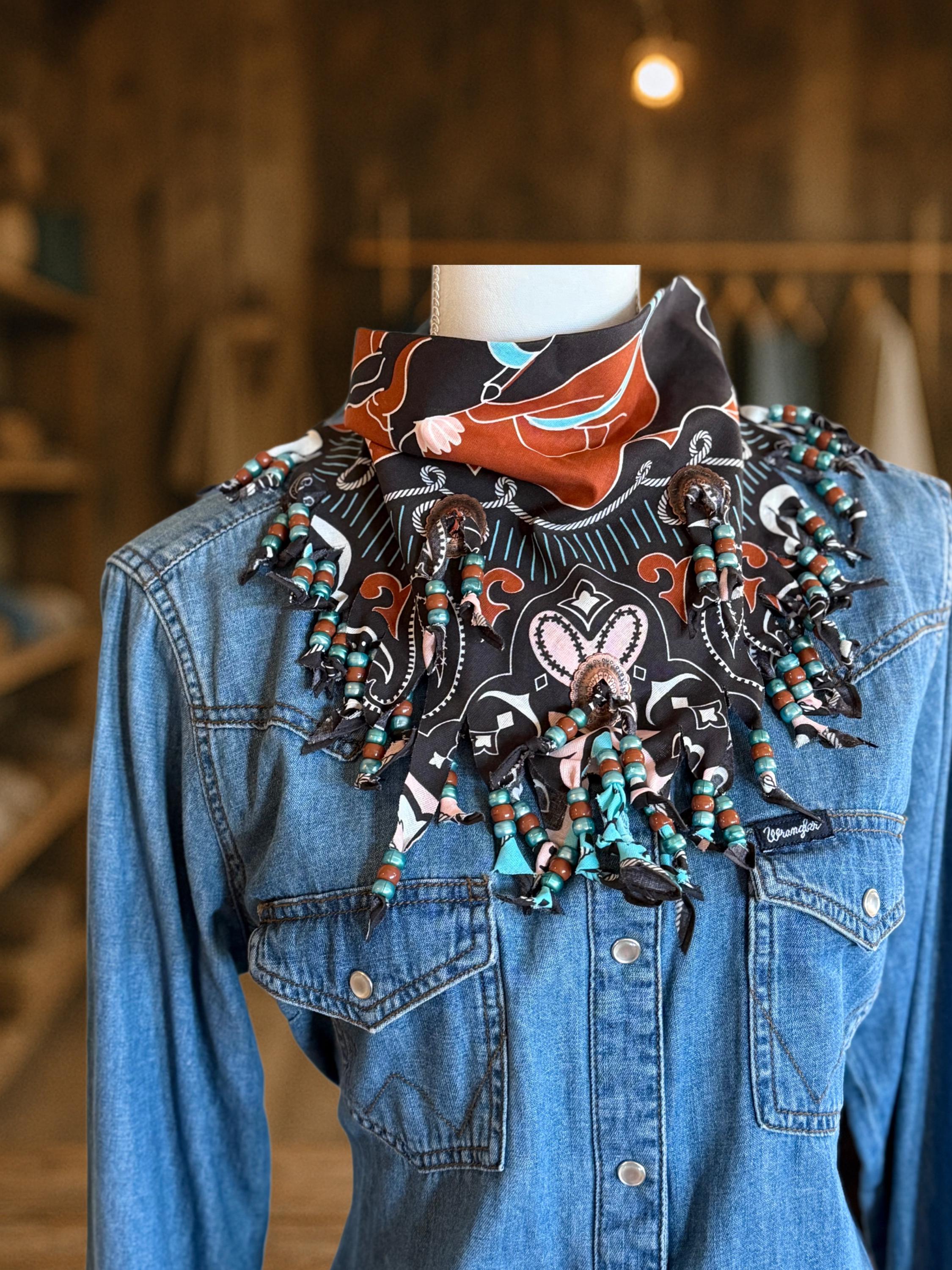 Vintage Style Beaded Western Bandana Fringe Scarf With Cowboy Conchos ...