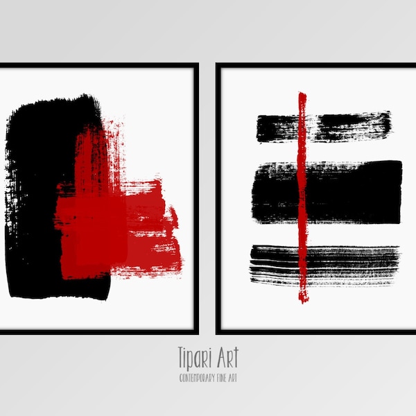 Black & Red Art Print Set of Two, Contemporary Abstract Painting, Large ...