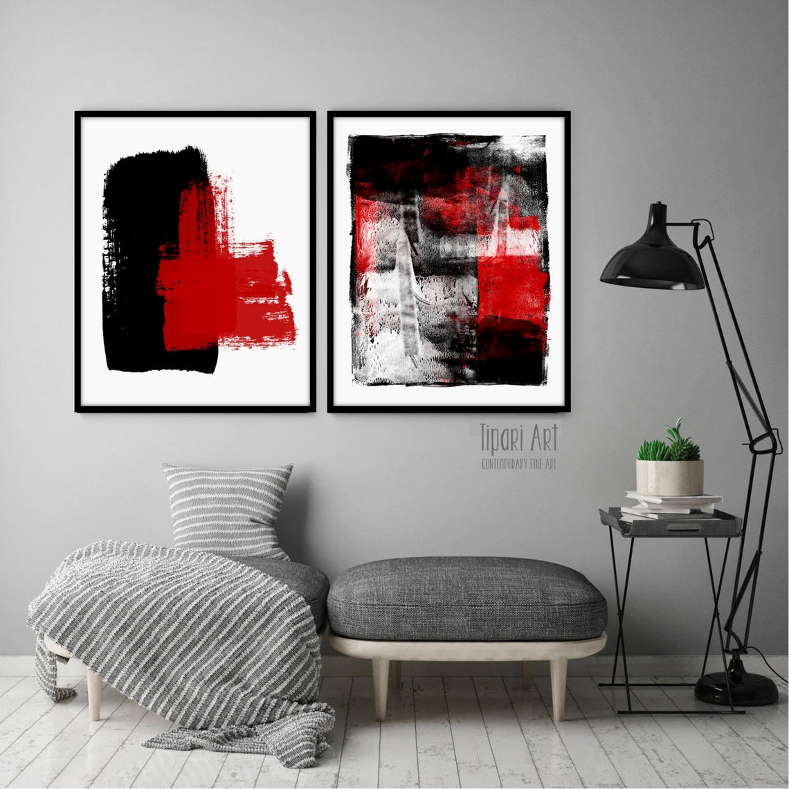 Black & Red Art Print Set of Two, Contemporary Abstract Painting, Large ...
