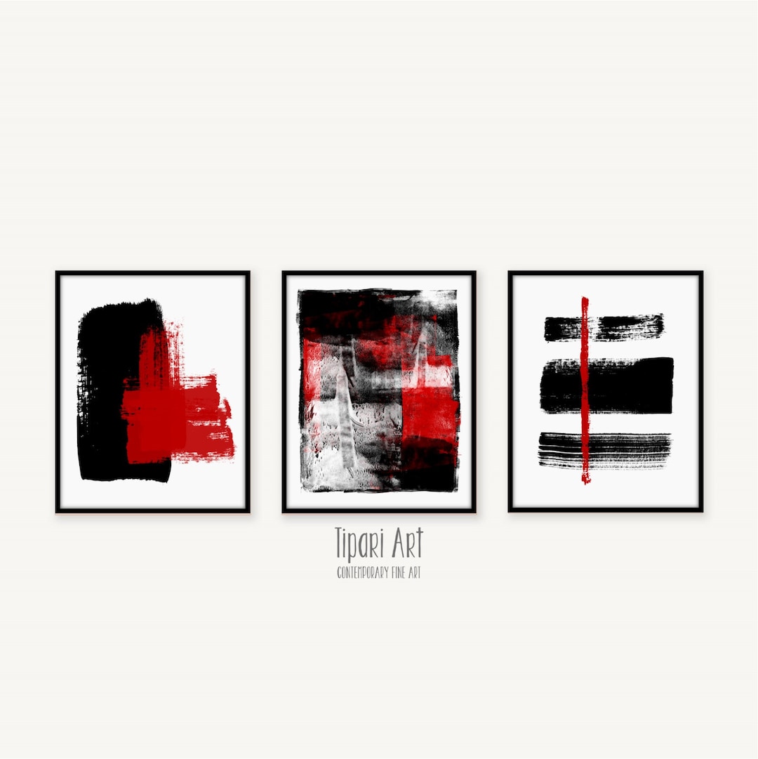 Black & Red Art Print Set of Three, Contemporary Abstract Painting ...