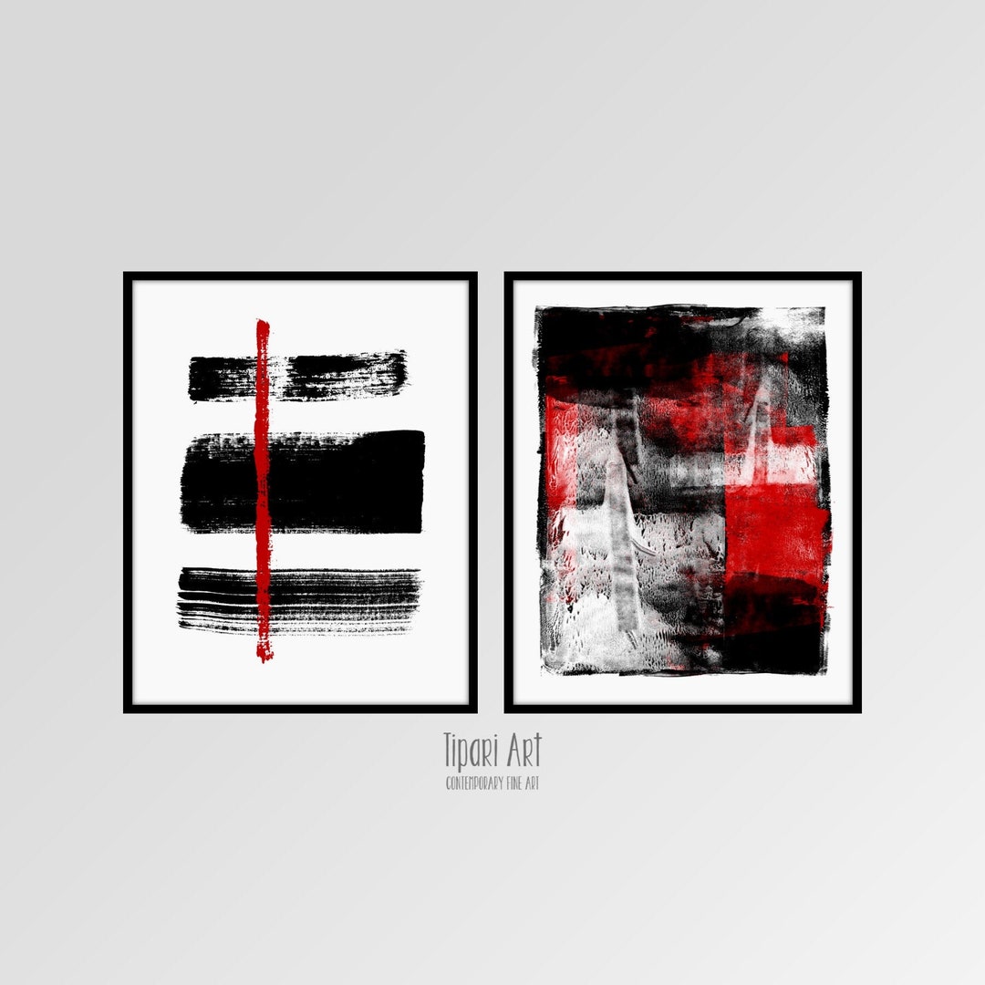 Black & Red Art Print Set of Two, Contemporary Abstract Painting, Large ...