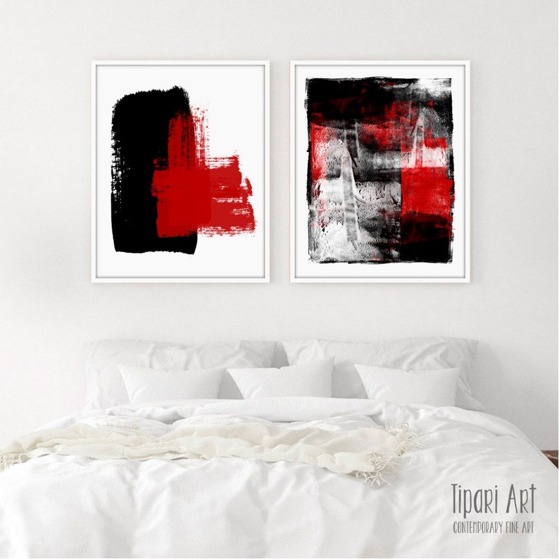 Black & Red Art Print Set of Two, Contemporary Abstract Painting, Large ...