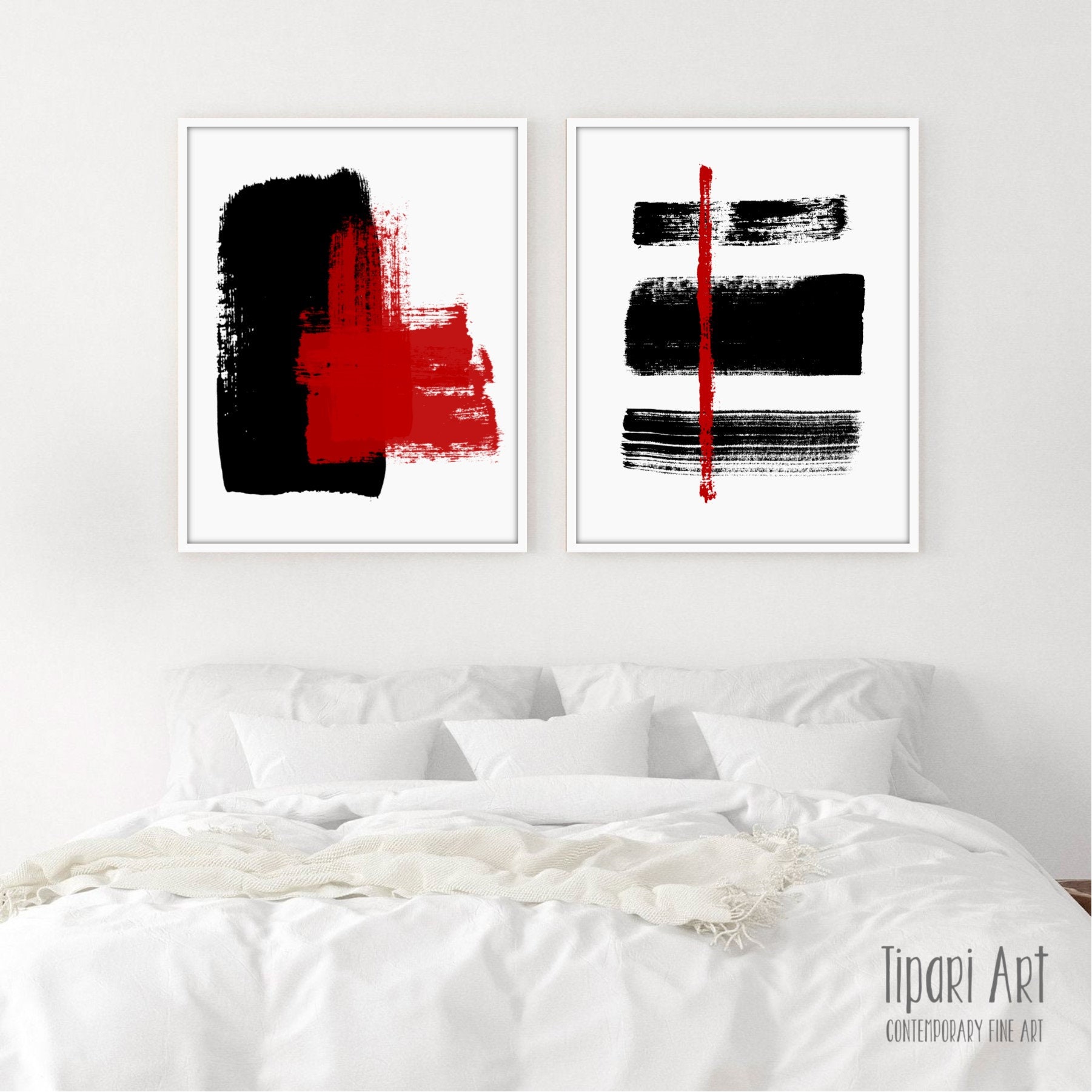Black & Red Art Print Set of Two, Contemporary Abstract Painting, Large ...