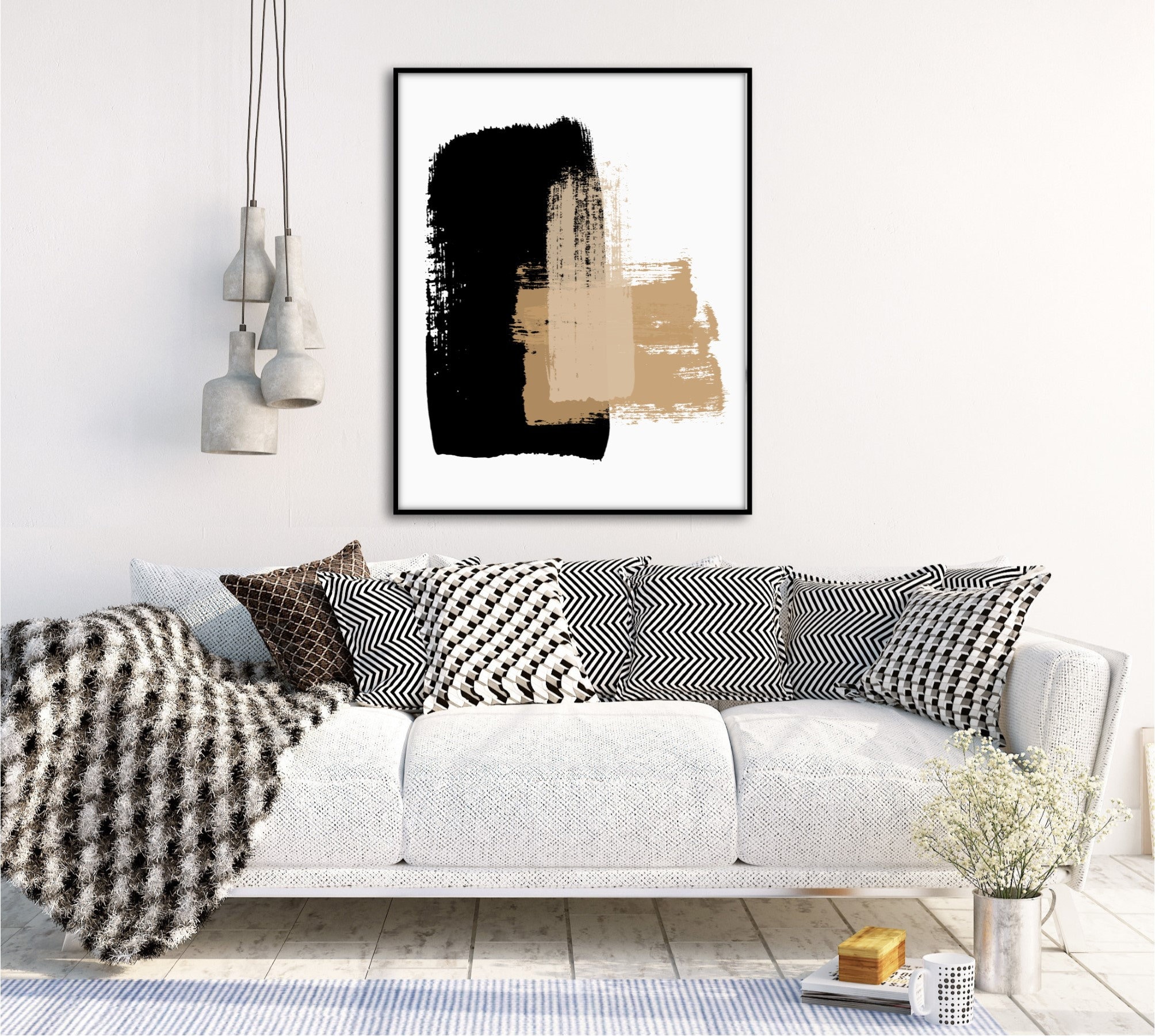 Black Beige Tan Abstract Art, Contemporary Neutral Painting, Living ...