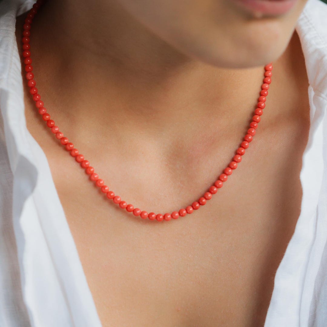 14K SOLID GOLD Coral | 4mm Genuine Italian Coral Necklace | Real Coral ...