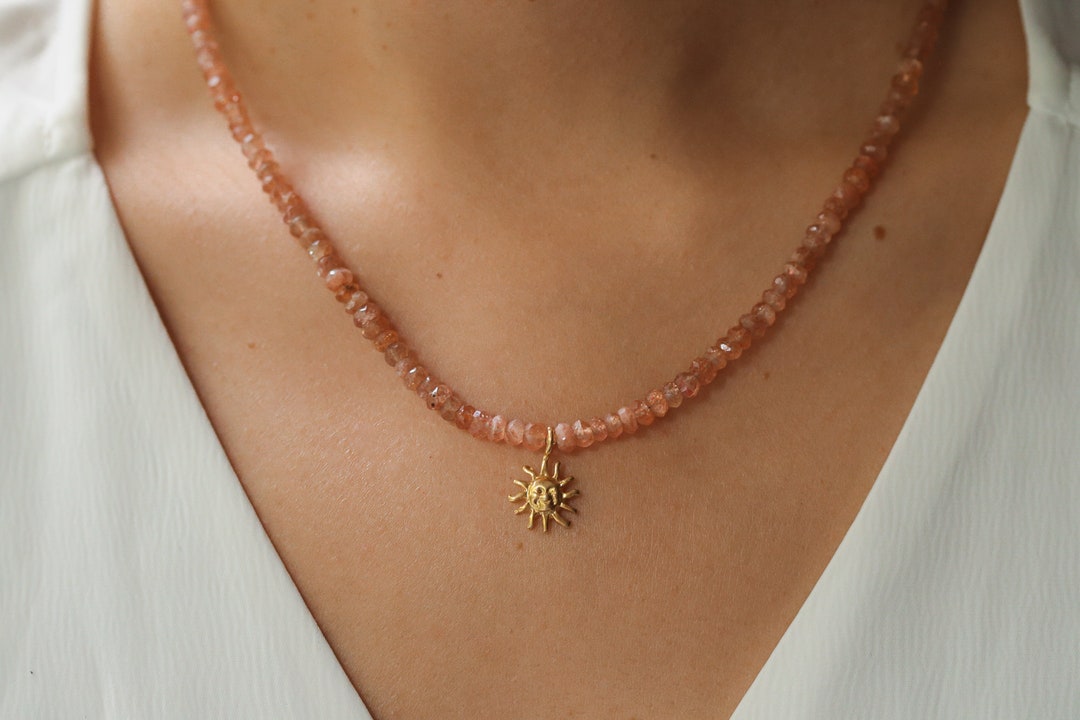 Sun Ray Sunstone Beaded Necklace Sun Pendant Necklace on Sparkly ...