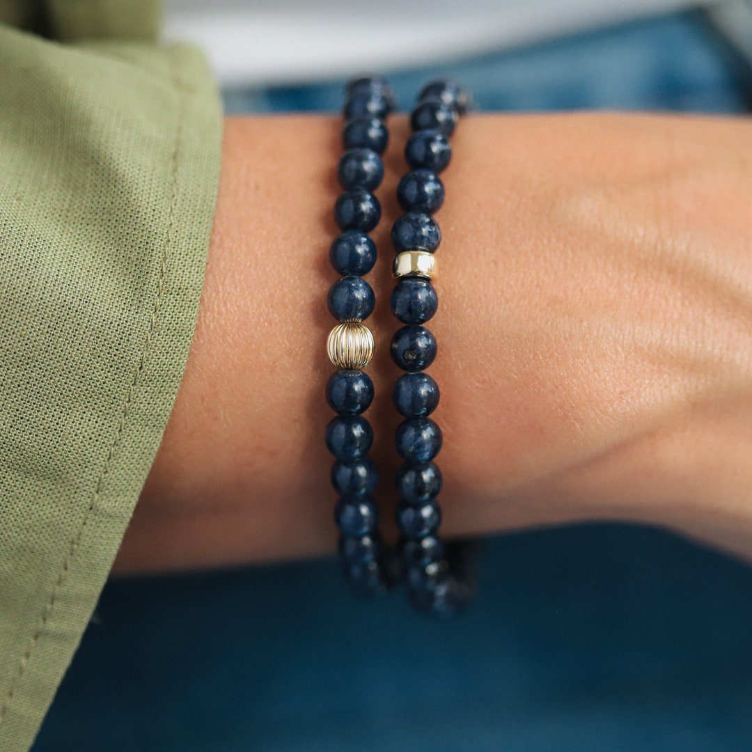 14K GOLD Blue Sapphire Bracelet 6mm | Sapphire Bracelet Beaded ...