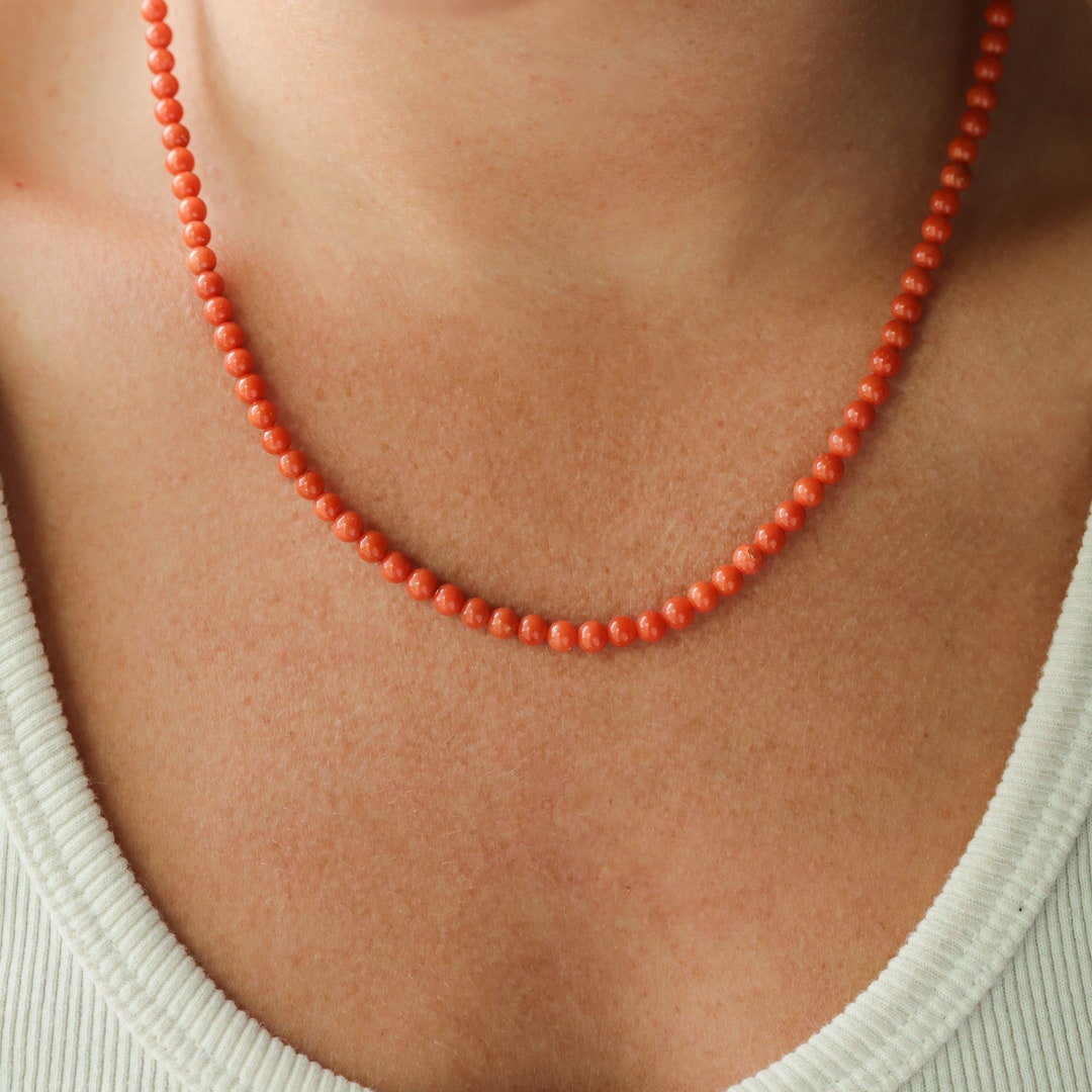 14K God 4mm Genuine Italian Coral Necklace Real Coral Necklace Handmade ...