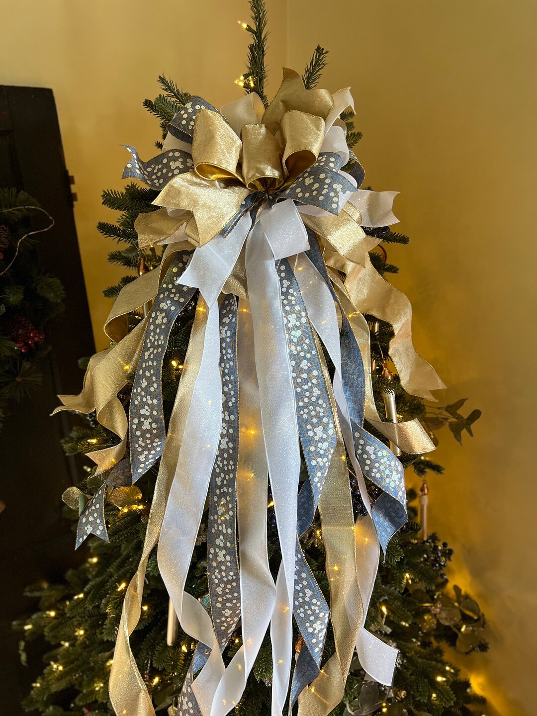The Delia Gold, Blue, and White Berry Christmas XL Tree Topper Bow ...