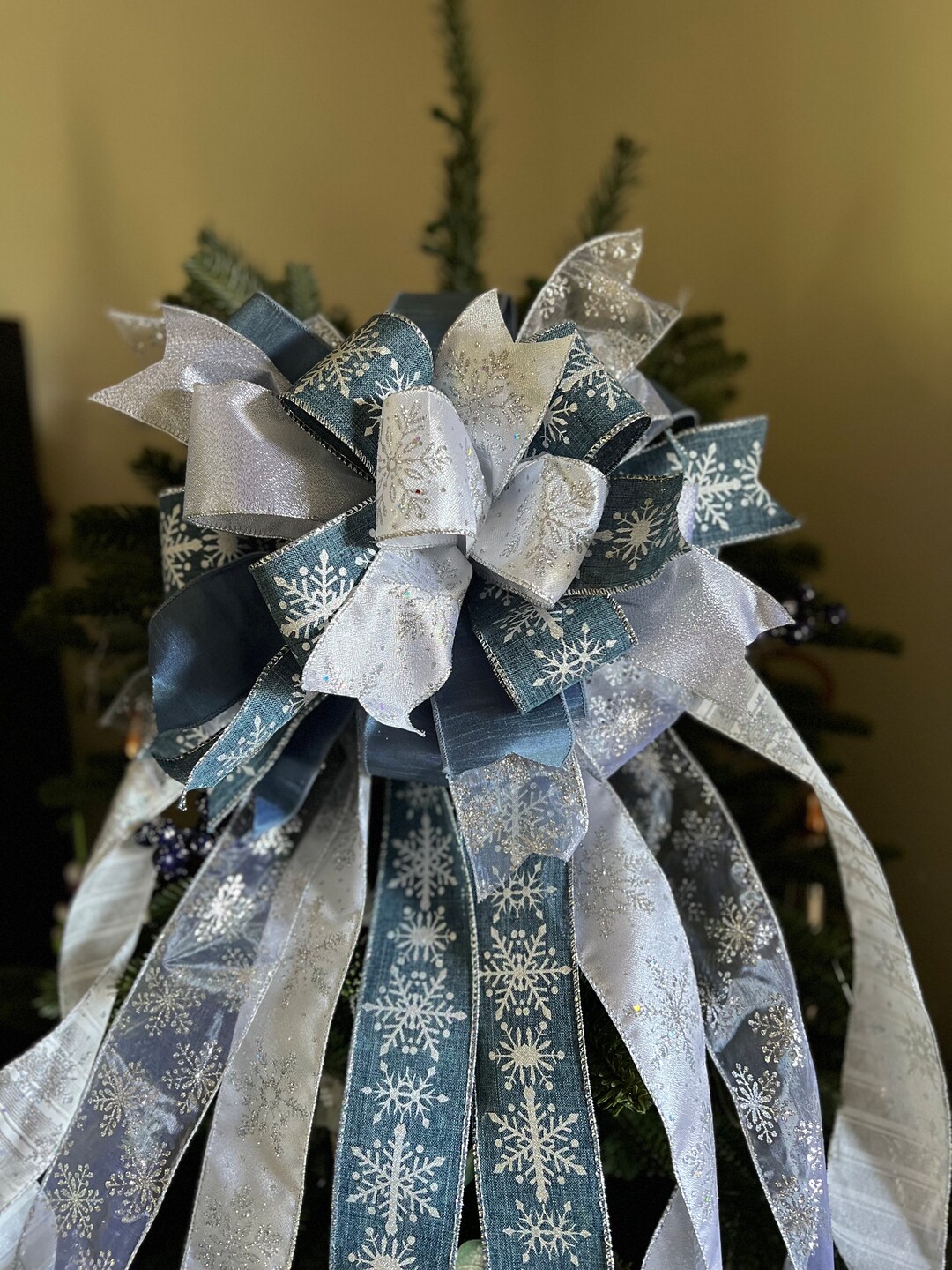 The Cassandra Smoke Blue & Silver XL Winter Tree Topper Bow With Long ...