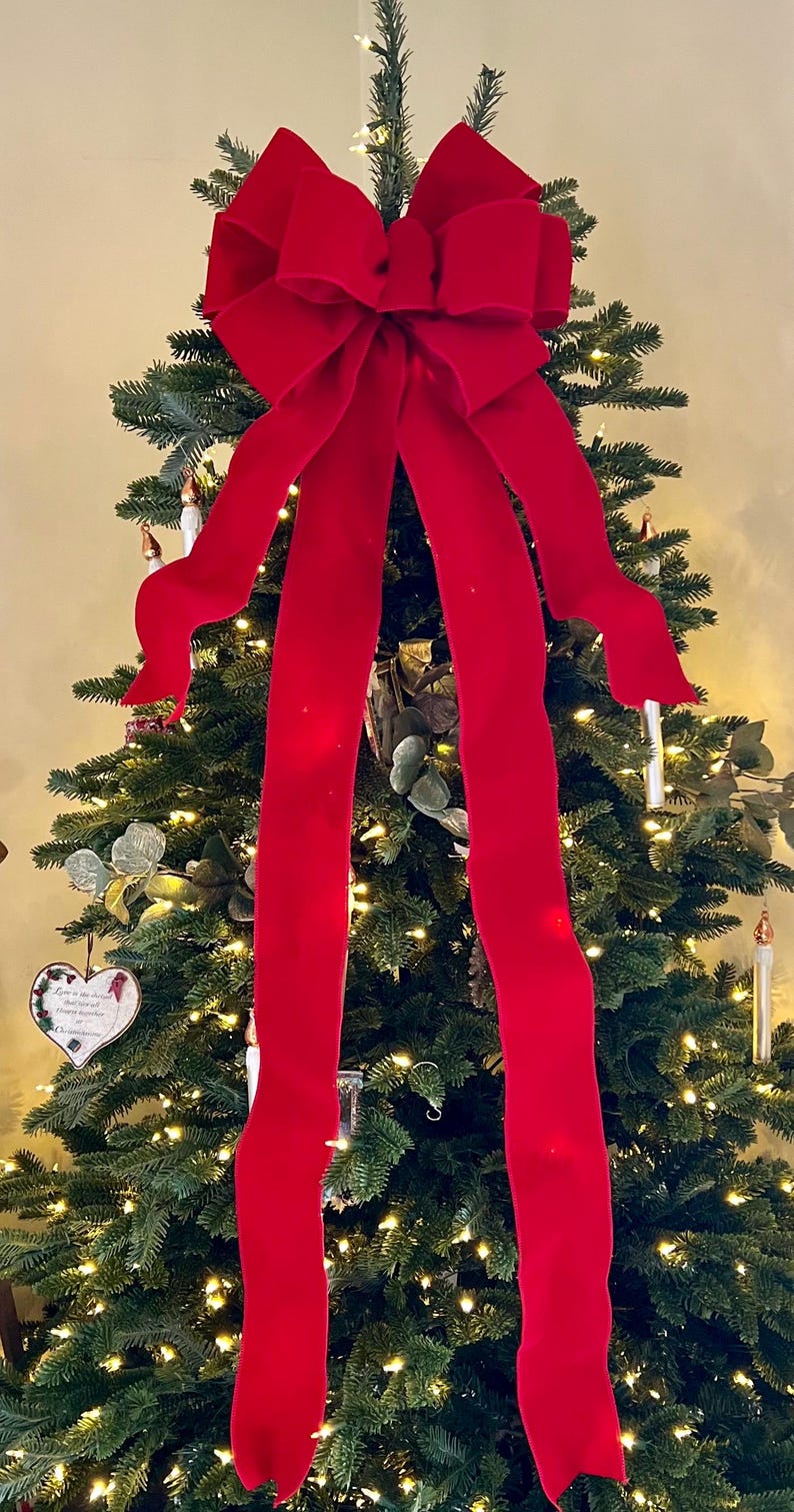 The Classic Vintage Red Velvet XL Christmas Tree Topper Bow With Long ...