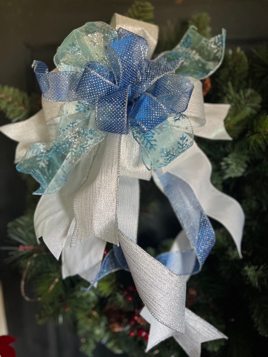 The Emmy Sparkly Silver and Blue Snowflake Winter Bow- Lantern Topper ...
