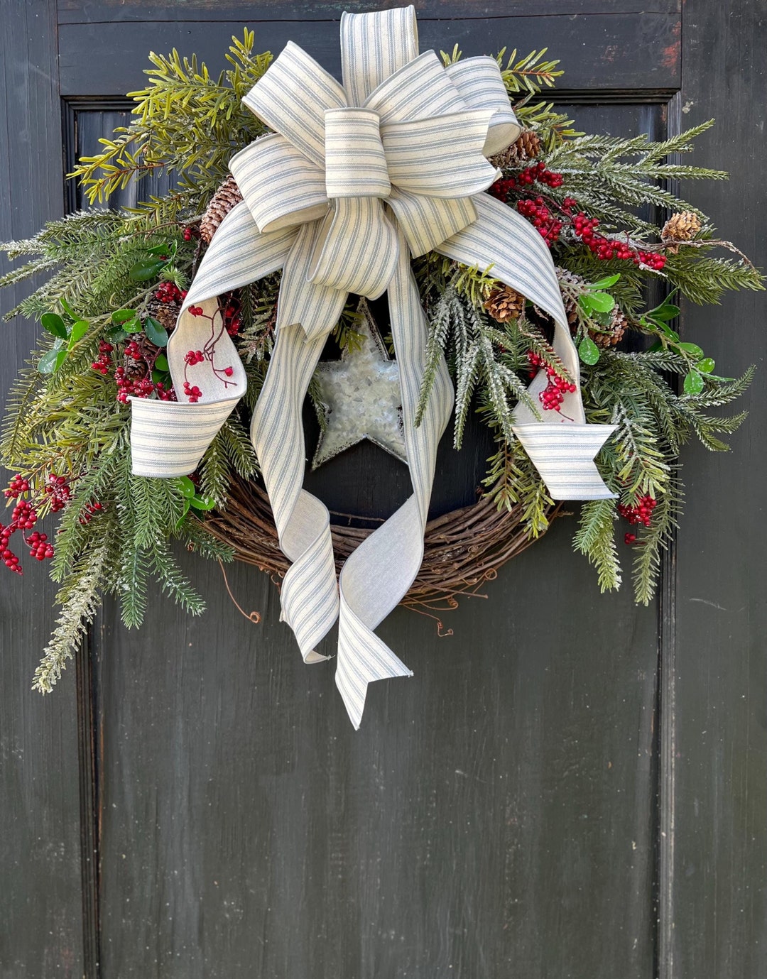 The Zina Smoke Blue and White Winter Pinecone Wreath With Star, Front ...