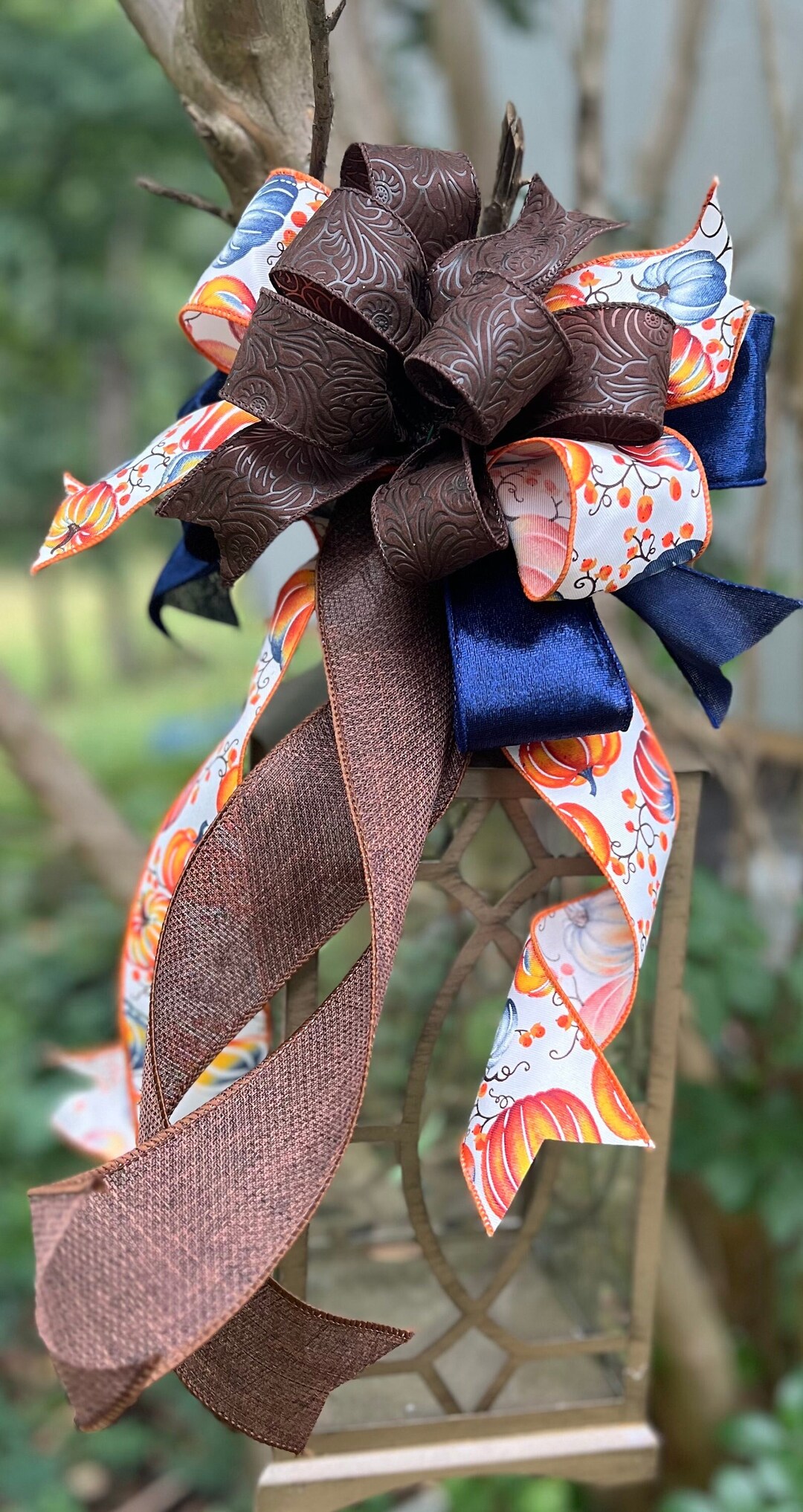 The Deanne Fall Orange, Navy Blue, Cream, Brown Pumkin Wreath Bow ...