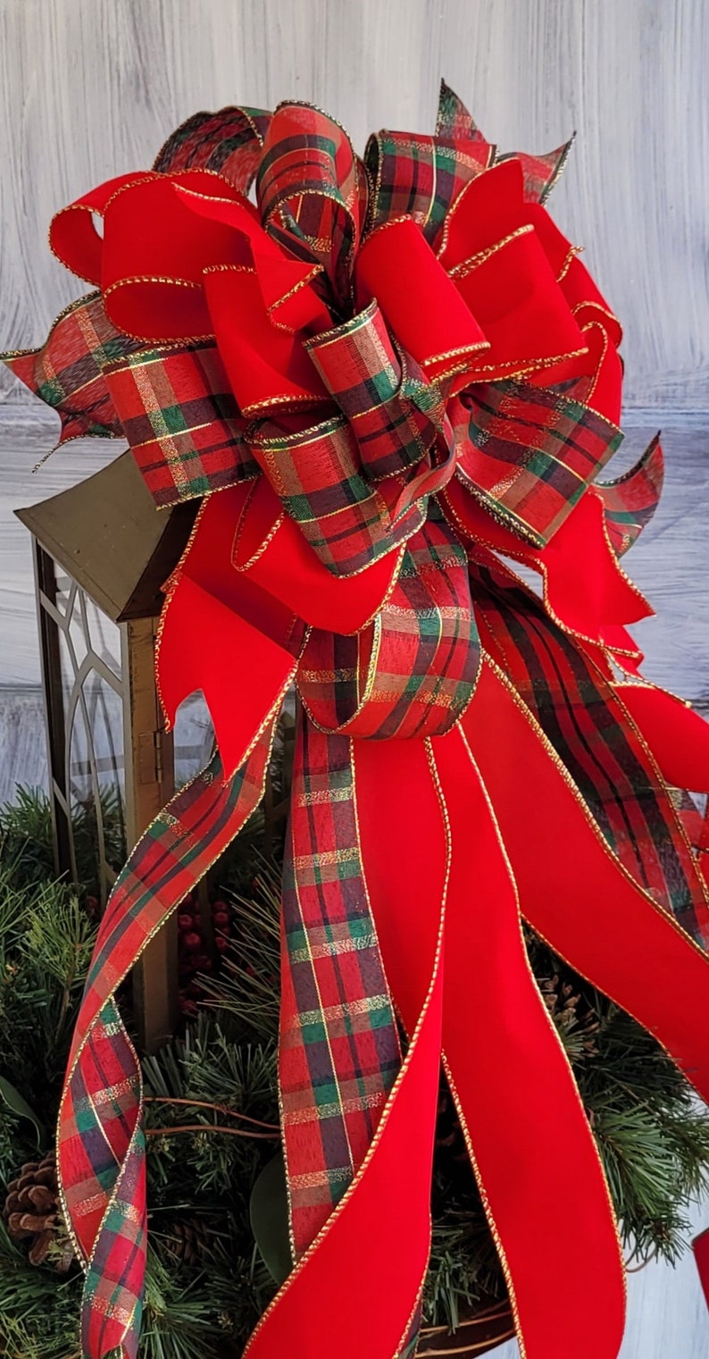 The Jamie Large Red, Gold, & Green Plaid Christmas Tree Topper Bow ...