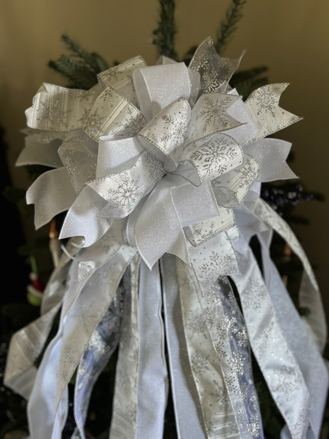 The Elora White & Silver XL Christmas Tree Topper With Long Streamers ...