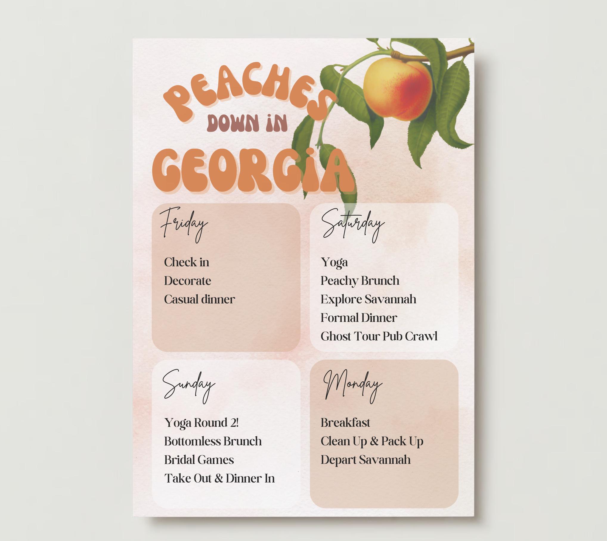 Peachy Savannah Georgia Bachelorette Invitation & Itinerary Template ...