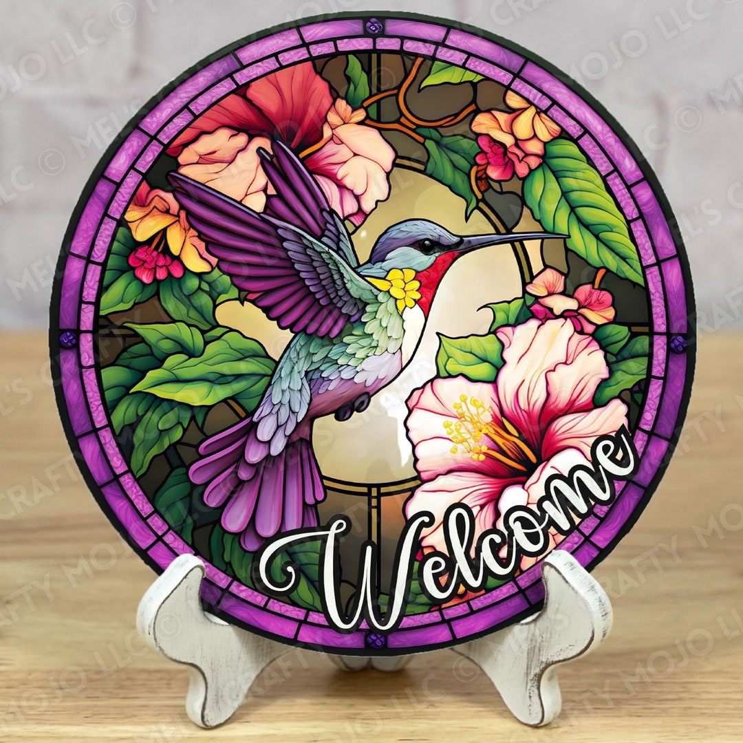 Welcome Stained Glass Hummingbird Purple Round Metal Wreath Sign - Etsy