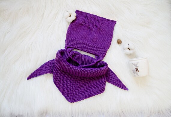 Cat ears hat and triangle scarf Purple baby boy ear flap hat | Etsy