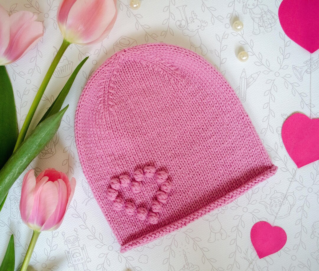 Knitted Girl Pink Bubble Heart Hat Pink Bubble Style Beanie Slouchy Hat ...