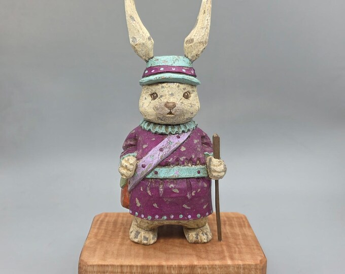 Wood Carving- Wooden Bunny Carving With Purple Dress on a Base Hand ...