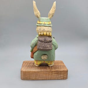 Wood Carving- Wooden Bunny Carving With Blue Coat on a Base Hand ...