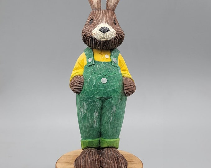 Wood Carving Wooden Bunny Carving With Green Overalls and Yellow Shirt ...