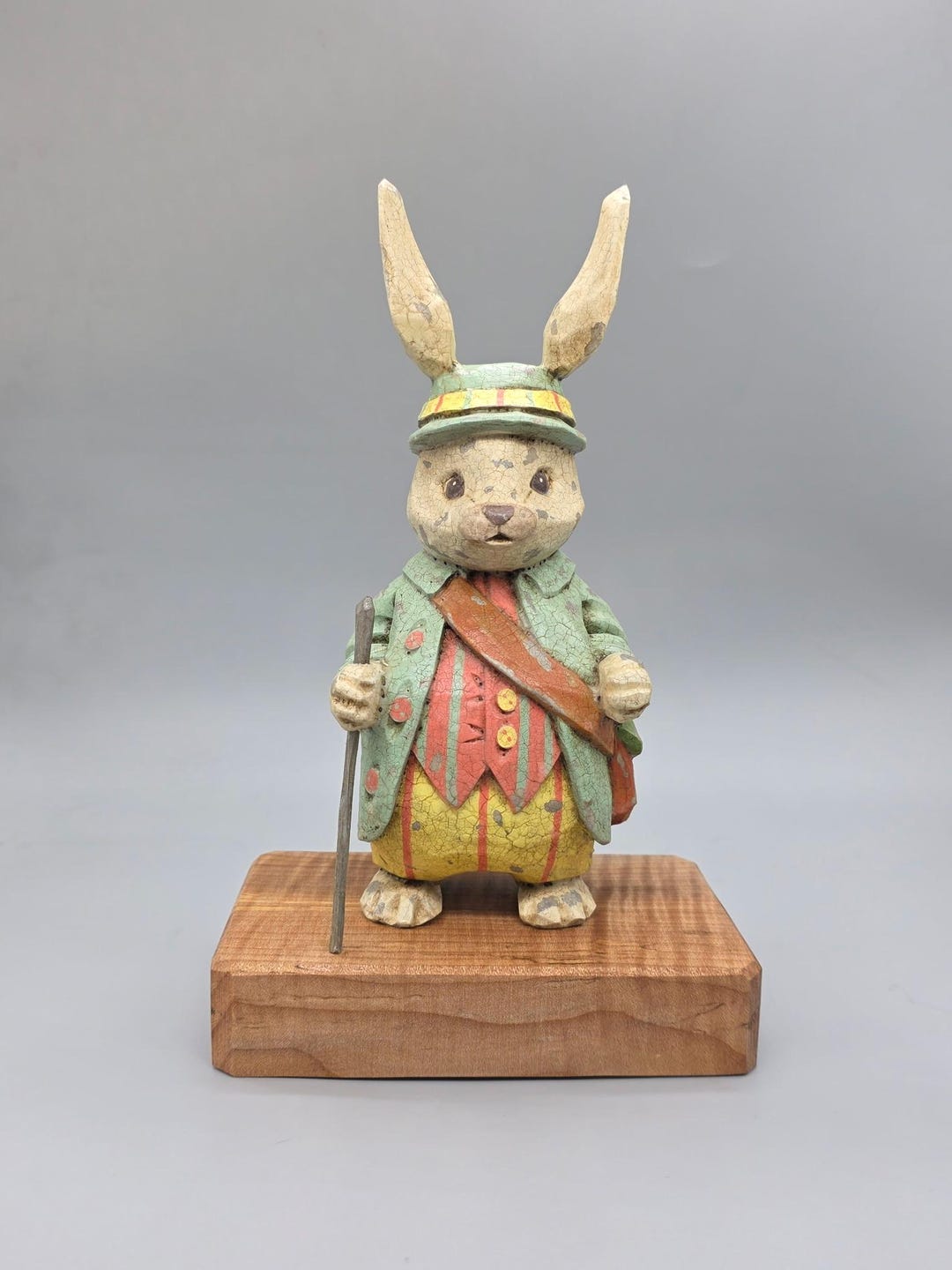 Wood Carving- Wooden Bunny Carving With Blue Coat on a Base Hand ...