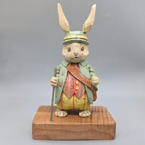 Wood Carving- Wooden Bunny Carving With Blue Coat on a Base Hand ...