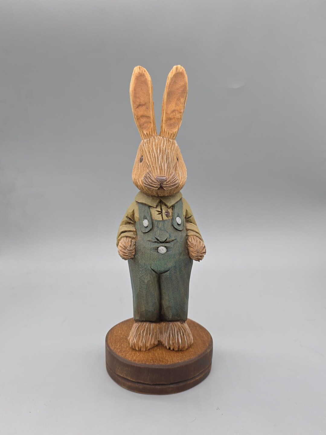 Wood Carving- Wooden Bunny Carving With Blue Overalls and Green Shirt ...