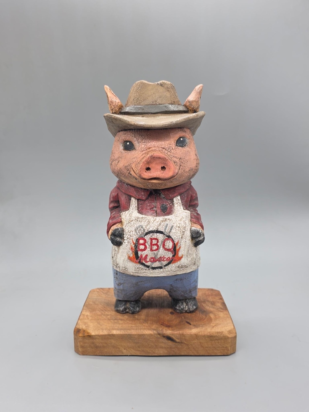 Wood Carving- Wooden Pig Carving With an Apron on a Base Hand Painted ...