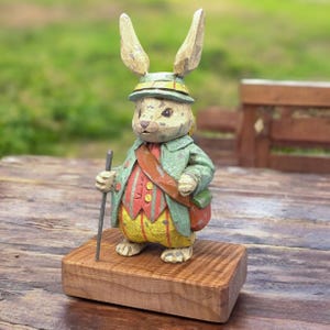 Wood Carving- Wooden Bunny Carving With Blue Coat on a Base Hand ...