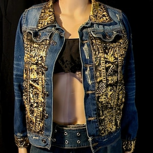 Jacket.denim.jean.handpainted.gold.3dtexturing.myowntechnique.size S/M ...