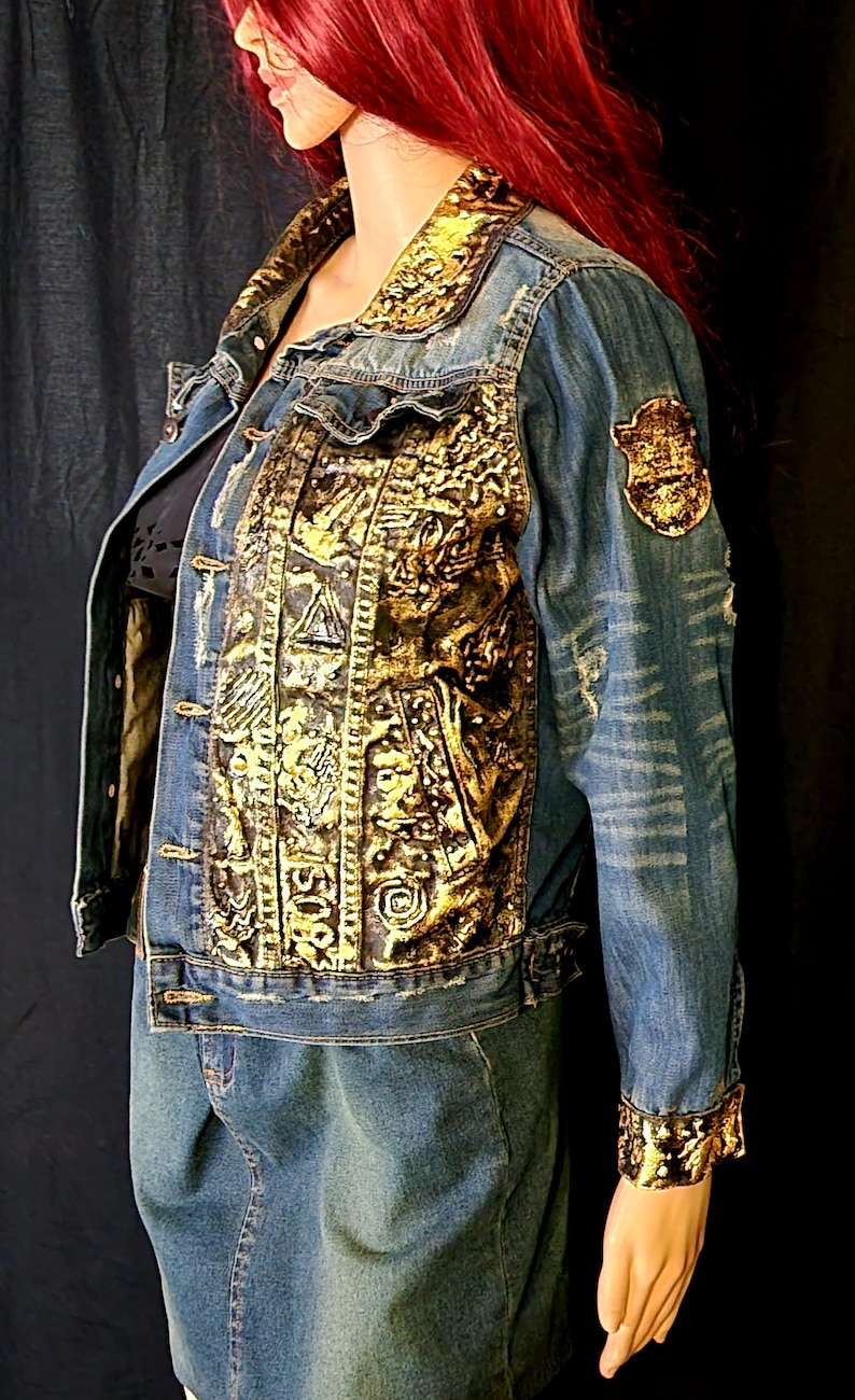 Jacket.denim.jean.handpainted.gold.3dtexturing.myowntechnique.size S/M ...