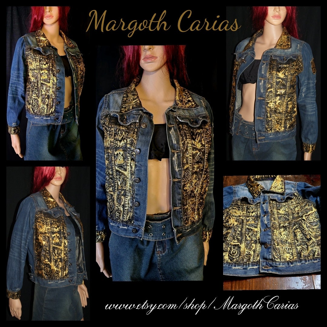 Jacket.denim.jean.handpainted.gold.3dtexturing.myowntechnique.size S/M ...
