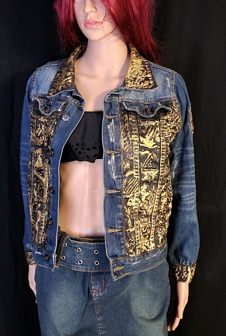 Jacket.denim.jean.handpainted.gold.3dtexturing.myowntechnique.size S/M ...