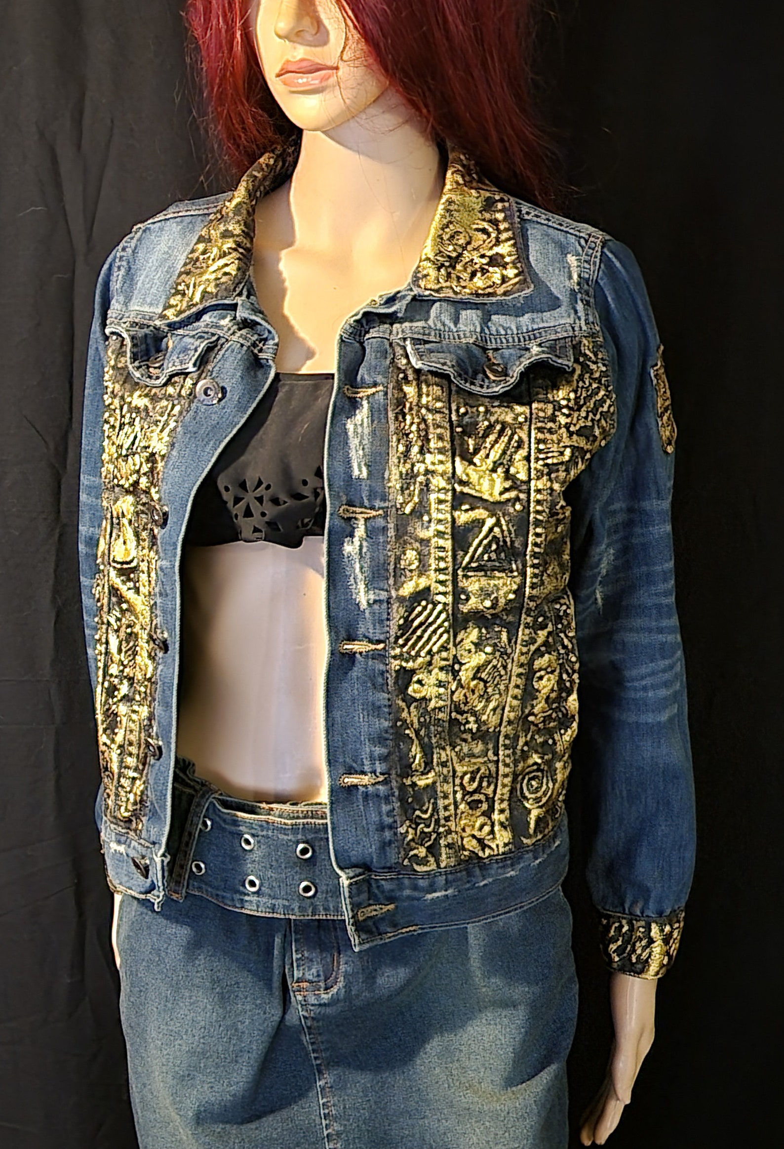 Jacket.denim.jean.handpainted.gold.3dtexturing.myowntechnique.size S/M ...