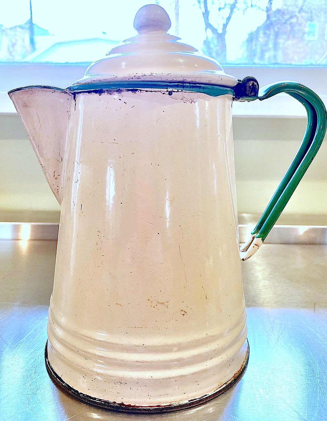 Cream Enamelware Coffee Pot With Green Trim - Etsy