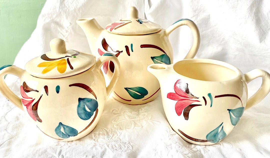 Hand Painted Slip Ware Teapot With Sugar & Creamer From Purinton ...
